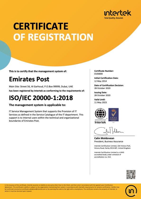 ISO Certificates Obtained By Emirates Post EMX ISO Certificates Obtained By Emirates Post EMX
